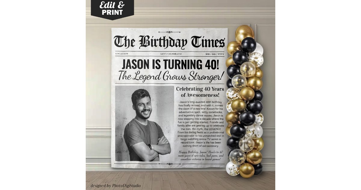 Custom Birthday Newspaper Backdrop with Photo | Zazzle