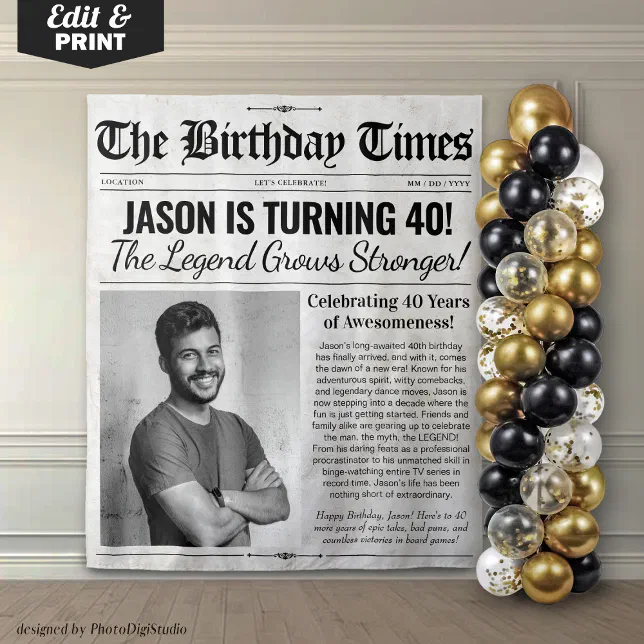 Custom Birthday Newspaper Backdrop with Photo | Zazzle