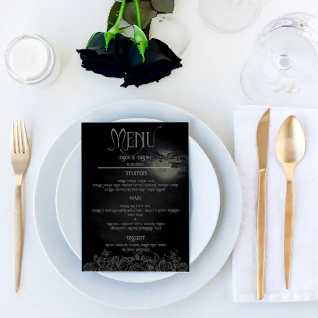 Custom Black and Grey Floral Gothic Wedding Menu | Zazzle