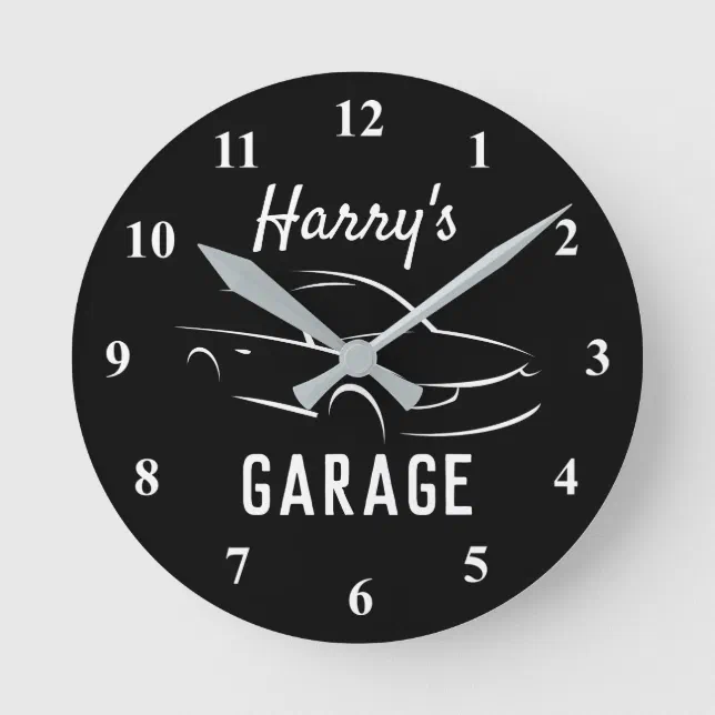 Custom black and white car garage wall clock gift | Zazzle
