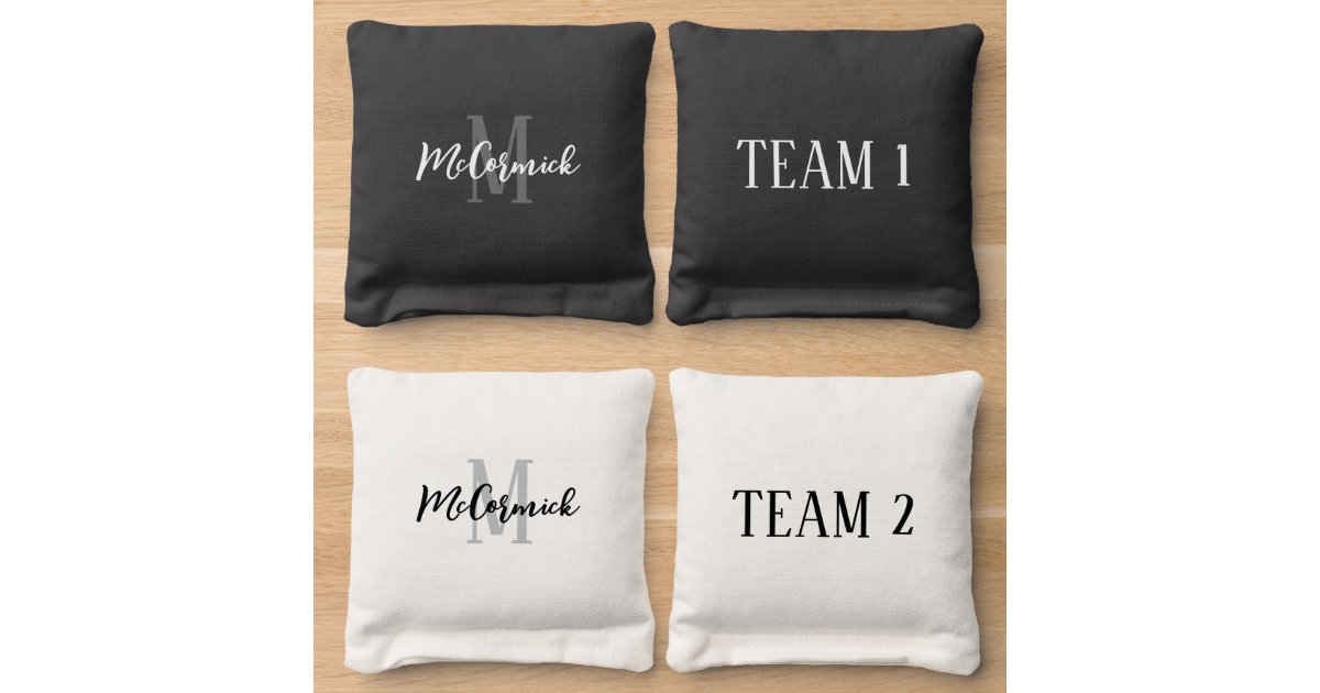 Custom Black And White Family Name Teams Monogram Cornhole Bags | Zazzle