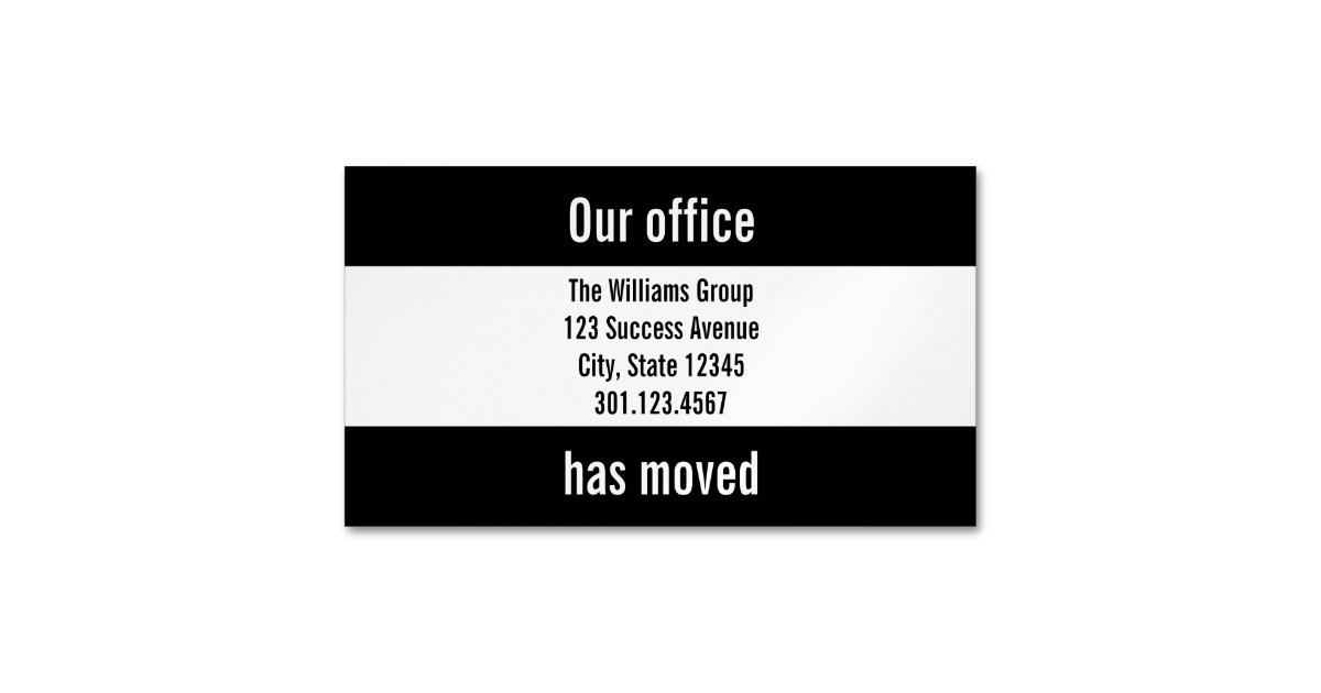 Custom Black and White Office Moving Announcement Business Card Magnet ...