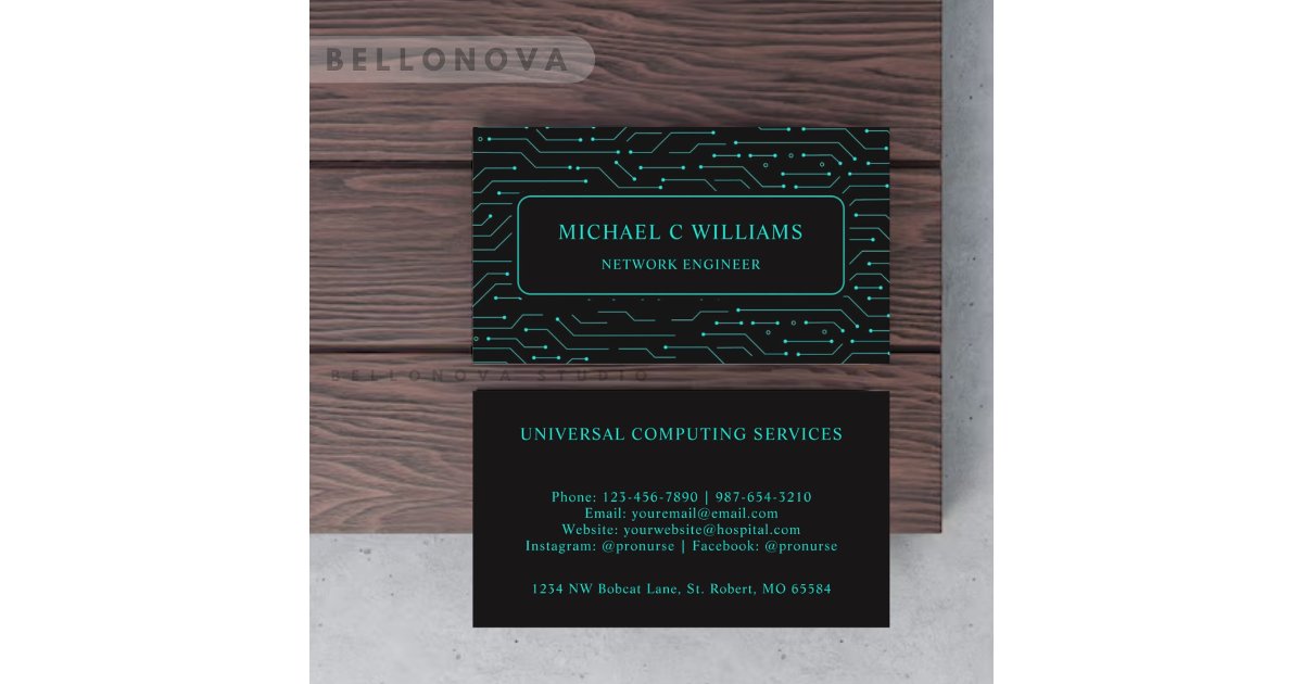 Custom Black Bright Green Turquoise Blue Circuit Business Card | Zazzle