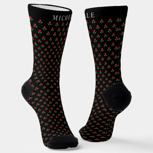 Custom Black Floral Red Rose Flowers Pattern Socks | Zazzle