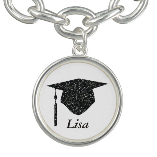 Custom Black Glitter Graduation Cap Charm Bracelet | Zazzle