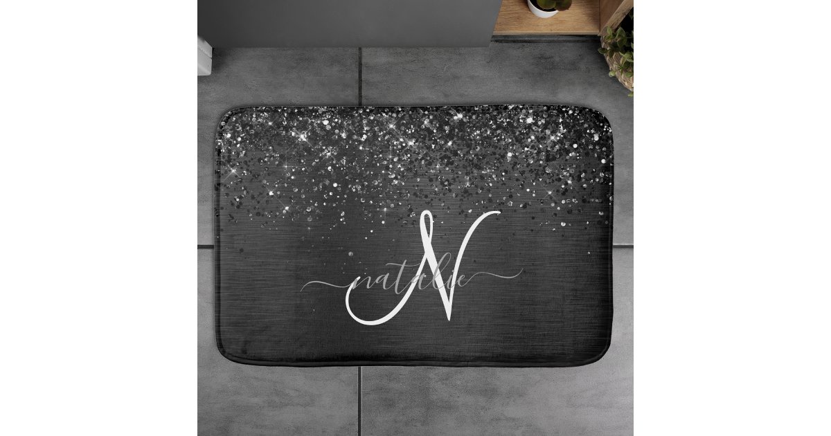 Custom Black Glitter Sparkle Monogram Bath Mat | Zazzle