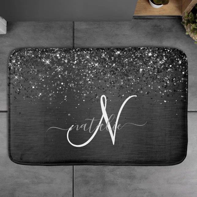 Custom Black Glitter Sparkle Monogram Bath Mat | Zazzle
