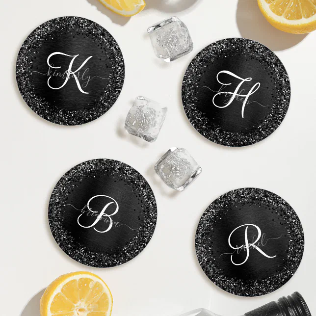 Custom Black Glitter Sparkle Monogram Coaster Set | Zazzle
