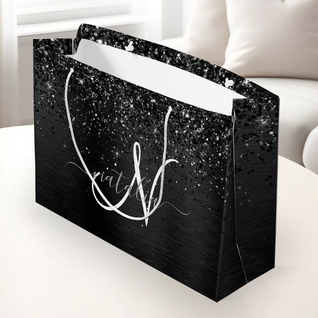 Custom Black Glitter Sparkle Monogram Large Gift Bag | Zazzle