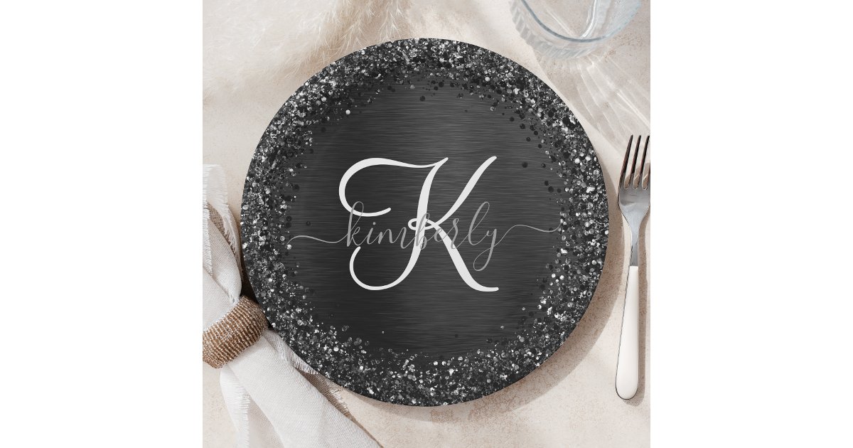 Custom Black Glitter Sparkle Monogram Paper Plates | Zazzle