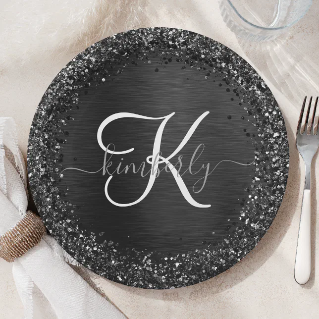 Custom Black Glitter Sparkle Monogram Paper Plates | Zazzle