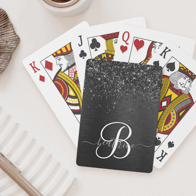 Custom Black Glitter Sparkle Monogram Poker Cards | Zazzle