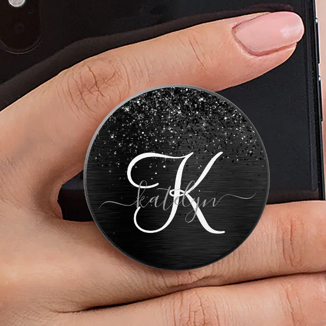 Custom Black Glitter Sparkle Monogram PopSocket | Zazzle