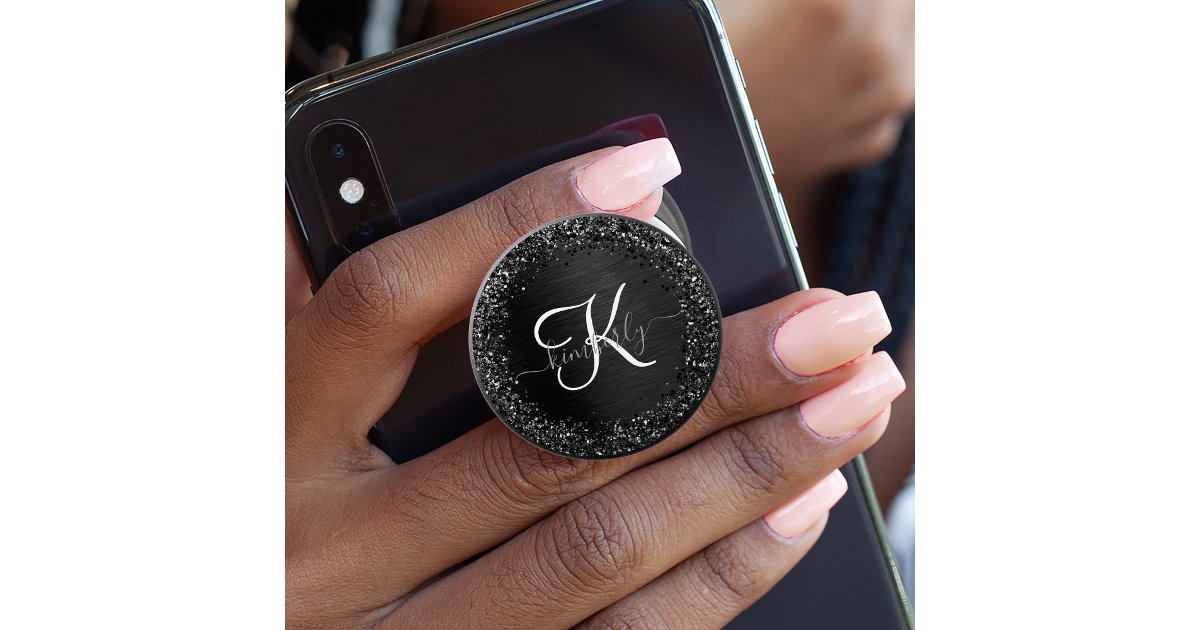 Custom Black Glitter Sparkle Monogram PopSocket | Zazzle