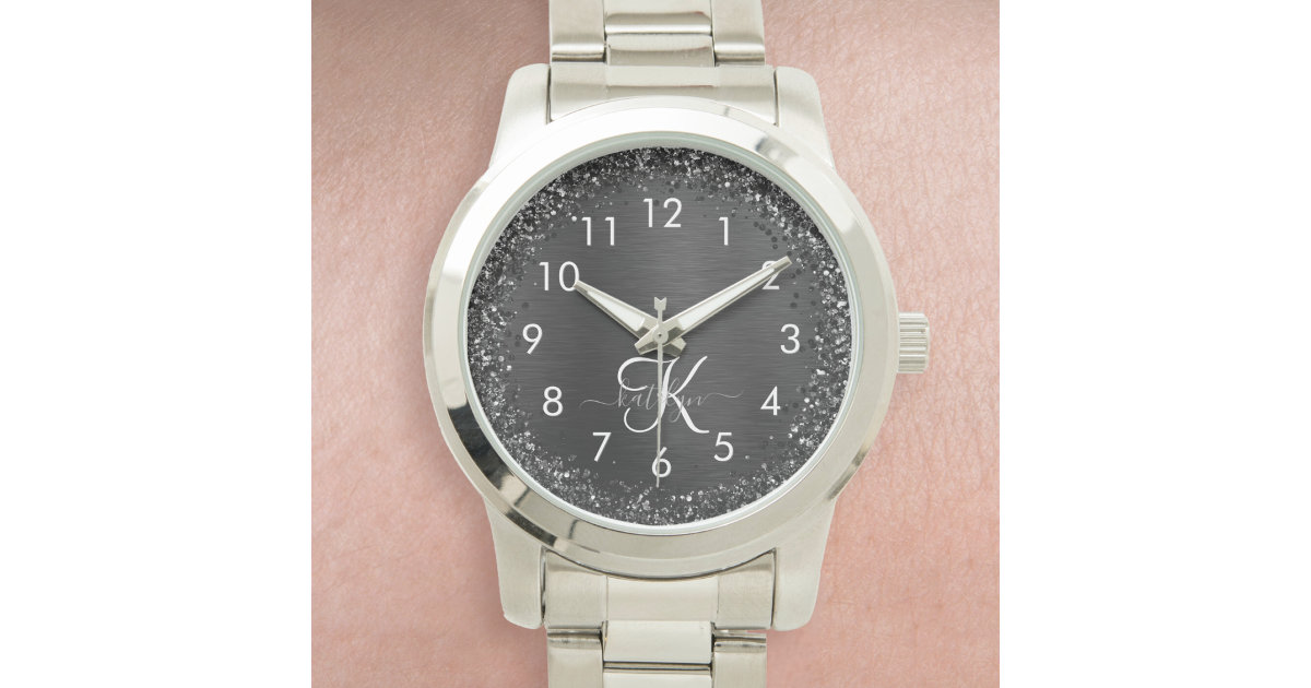 Custom Black Glitter Sparkle Monogram Watch | Zazzle