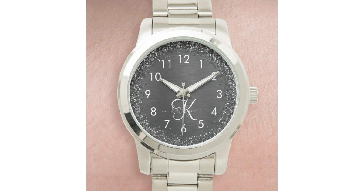 Custom Black Glitter Sparkle Monogram Watch | Zazzle