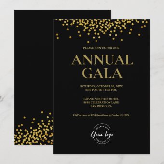 Custom Black Gold confetti logo Gala corporate Invitation | Zazzle