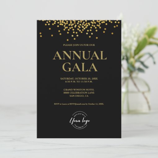 Custom Black Gold confetti logo Gala corporate Invitation | Zazzle