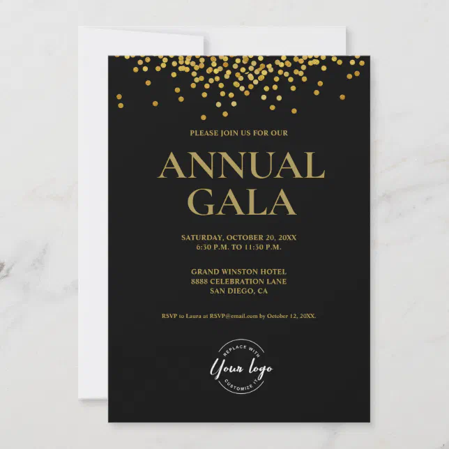 Custom Black Gold confetti logo Gala corporate Invitation | Zazzle