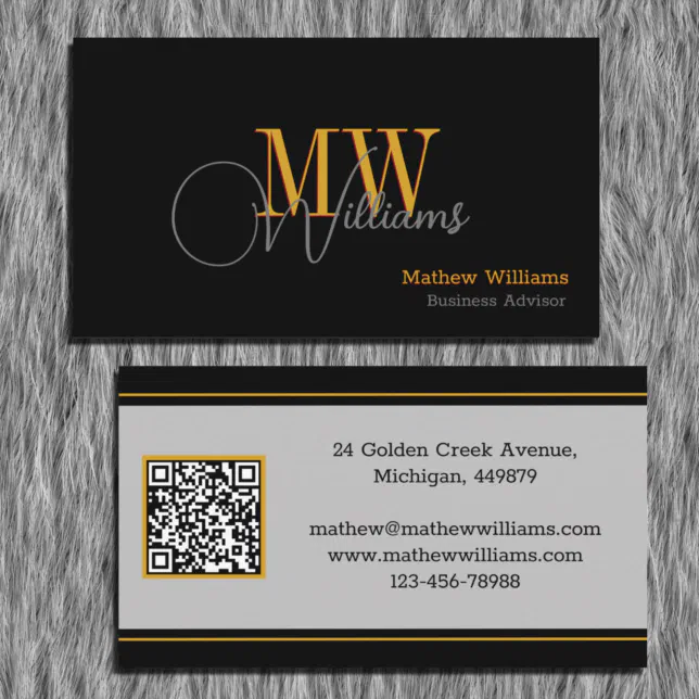 Custom Black, Gold, Gray & QR Code, Monogram Business Card | Zazzle