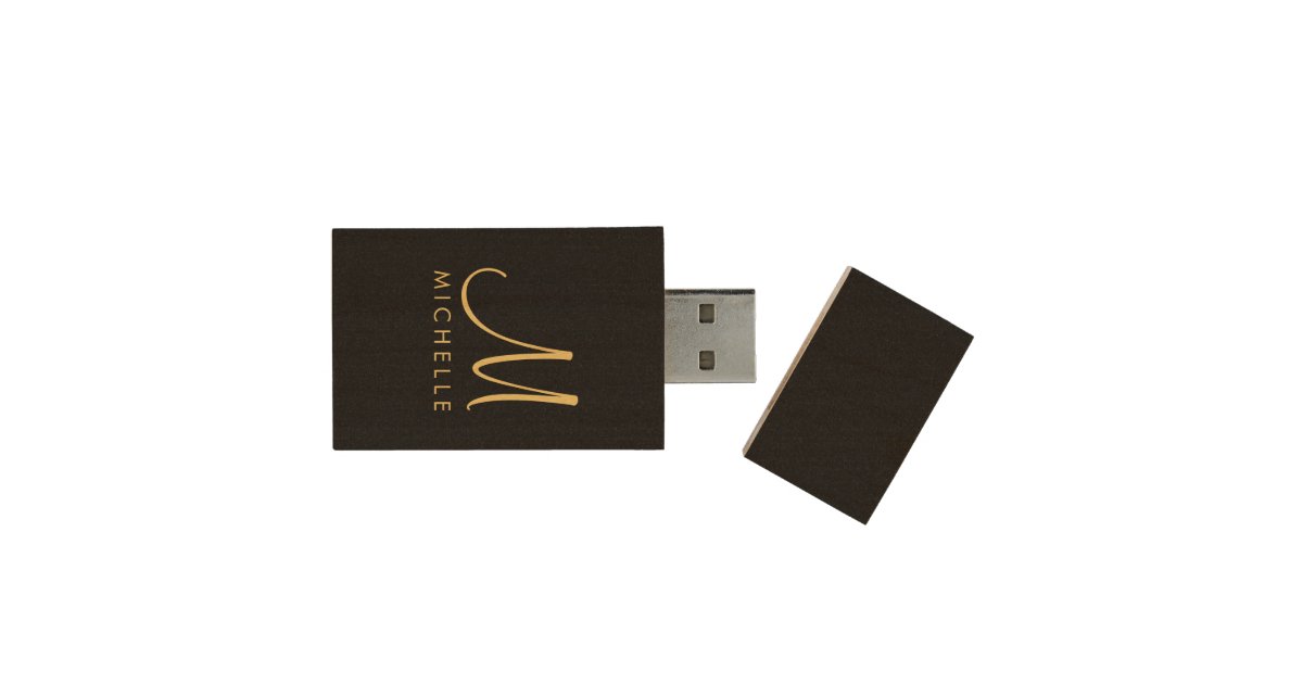 Custom Black & Gold Hand Script Monogram Name USB Wood Flash Drive | Zazzle