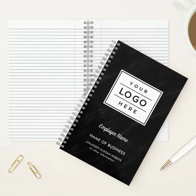 Custom Black Marble Business Logo Employee Name Notebook | Zazzle