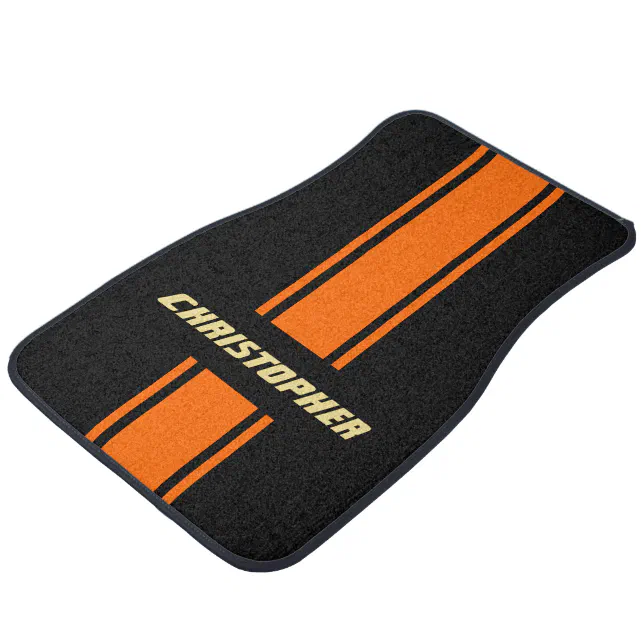 Custom Black Orange Racing Stripes Gold Monogram Car Floor Mat | Zazzle