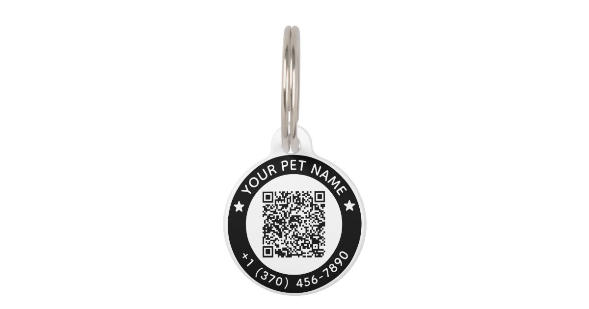 Custom Black QR Code Name Phone Number Double Side Pet ID Tag | Zazzle