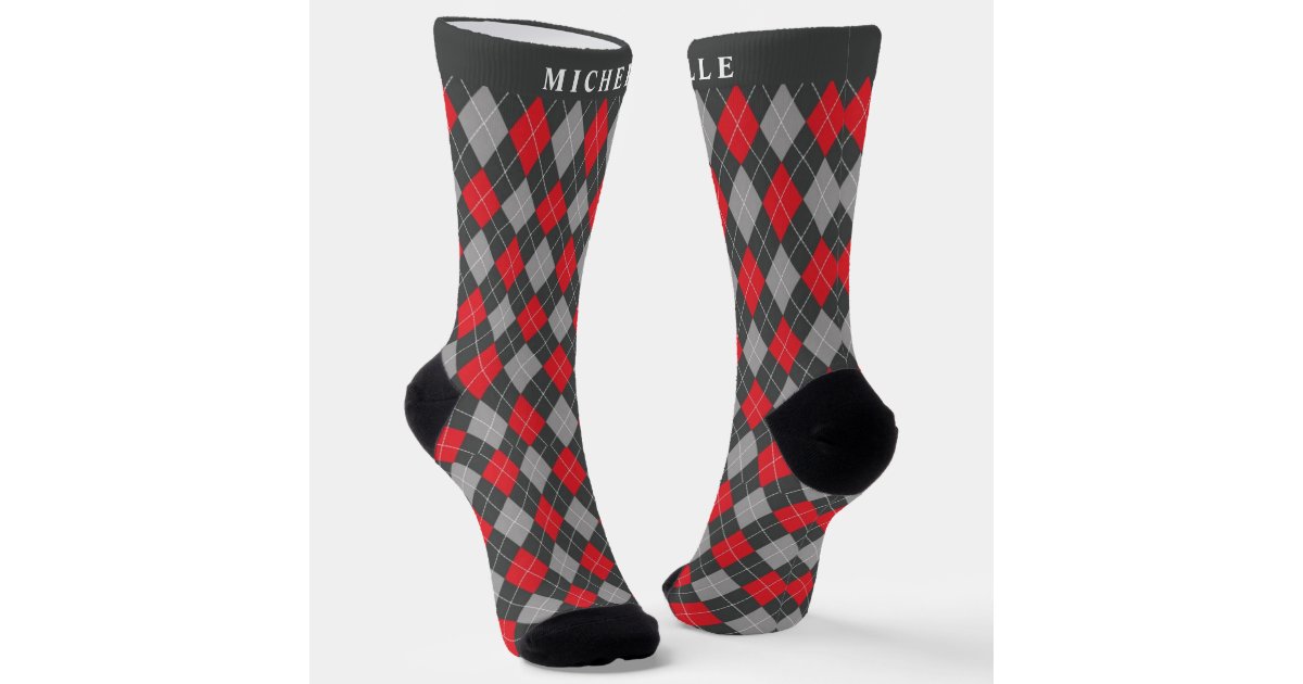 Custom Black Red Grey Argyle Pattern Socks | Zazzle
