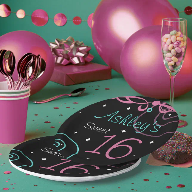Custom Black Sweet 16 Birthday Party Plates | Zazzle
