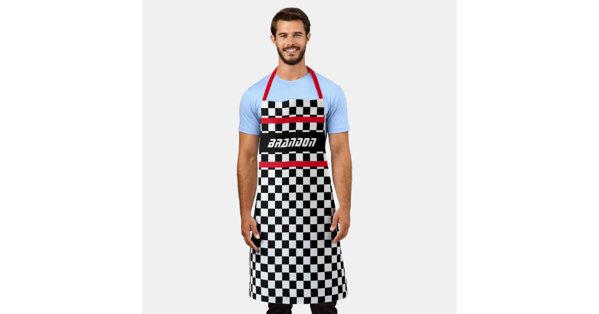 Custom Black White Auto Car Race Checkered Flags Apron | Zazzle