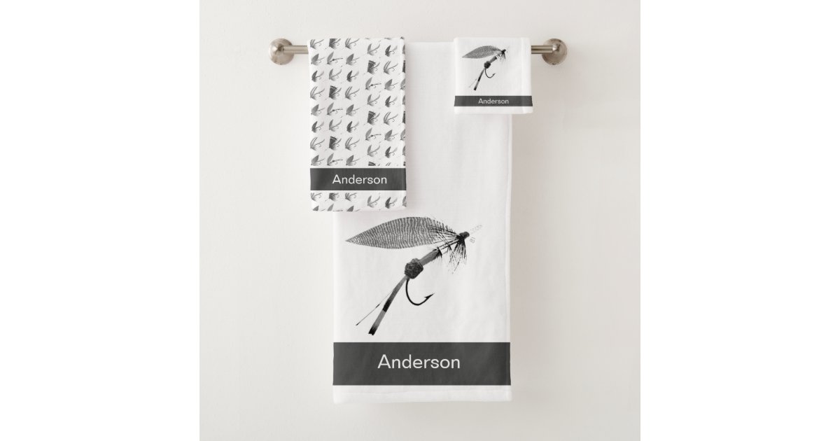 Custom Black White Gray Fly Fishing Flies Coastal Bath Towel Set | Zazzle