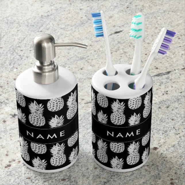 Custom black & white pineapple print bathroom set | Zazzle