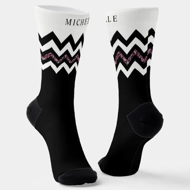 Custom Black White Purple Glitter Chevron Pattern Socks | Zazzle
