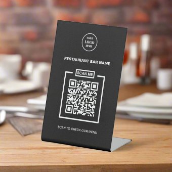 Custom Black & White QR Code Business logo Menu Pedestal Sign | Zazzle