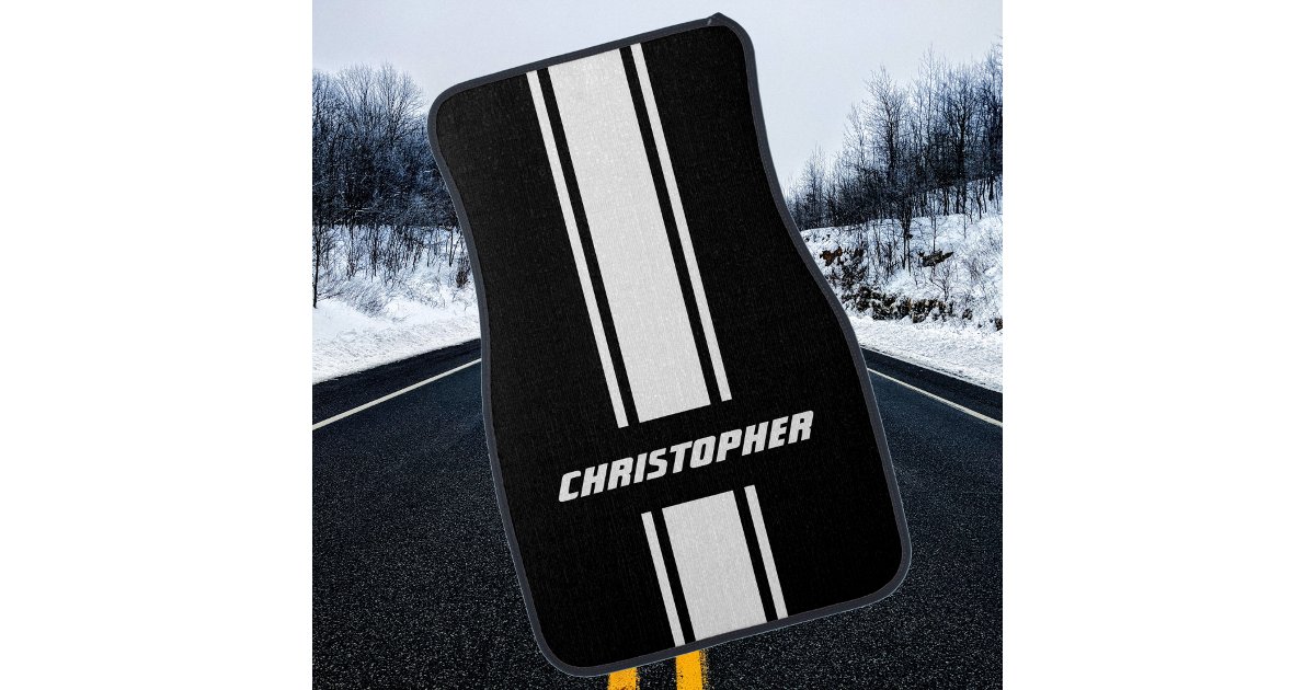 Custom Black White Racing Stripes Monogram Hot Rod Car Floor Mat | Zazzle