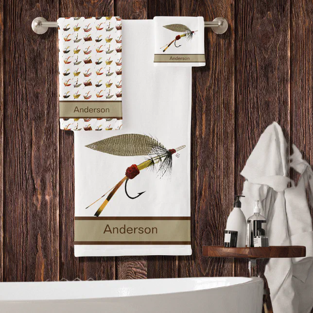 Custom Black White Tan Fly Fishing Flies Coastal Bath Towel Set | Zazzle