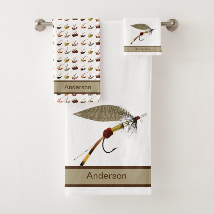 Custom Black White Tan Fly Fishing Flies Coastal Bath Towel Set | Zazzle