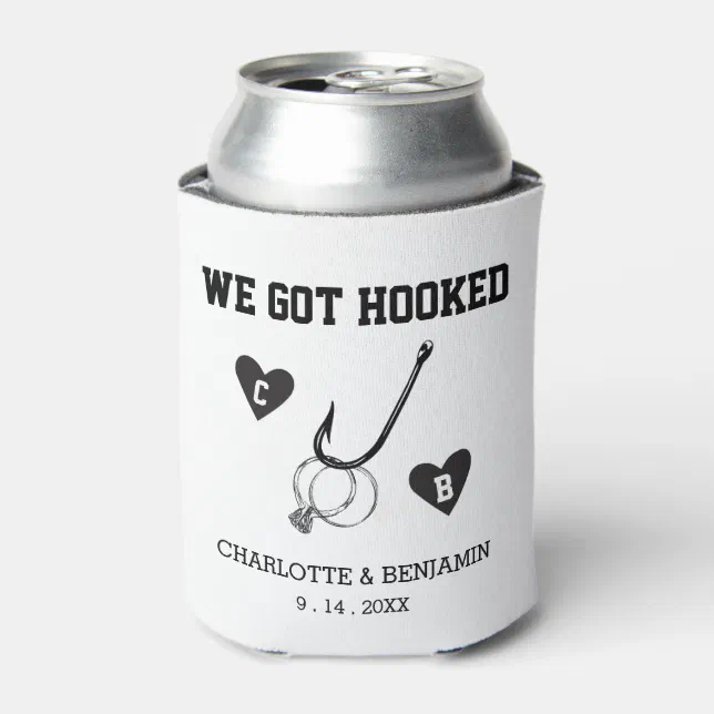Custom Black & White We Got Hooked Wedding Can Cooler | Zazzle