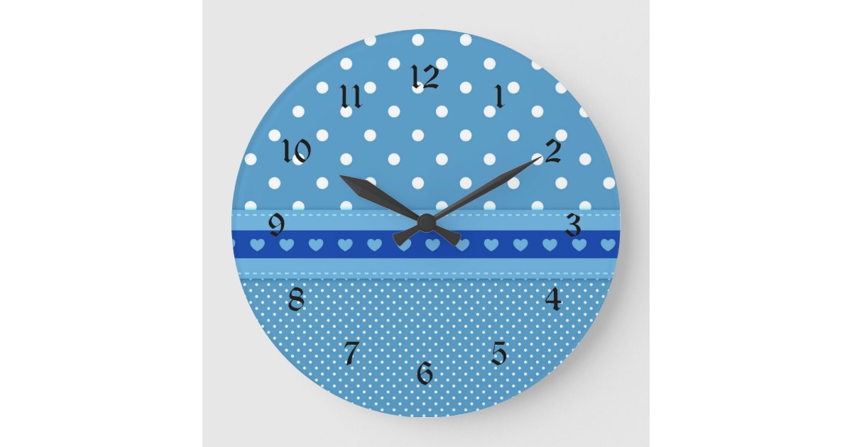 Custom Blue and White Polka Dots with Hearts Accen Large Clock | Zazzle