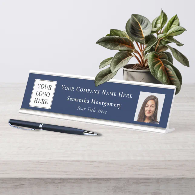 Custom Blue Business Logo Photo Company Name Title Desk Name Plate | Zazzle