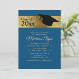 Custom Blue Gold Black Cap Class of Graduation Invitation | Zazzle