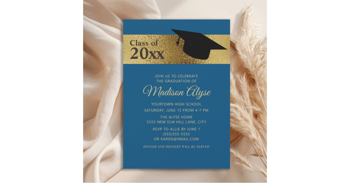 Custom Blue Gold Black Cap Class of Graduation Invitation | Zazzle