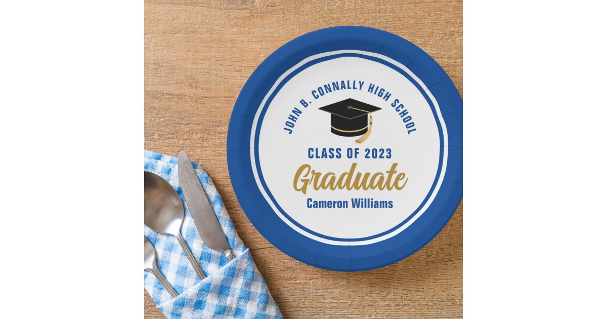Custom Blue Gold Graduate 2025 Graduation Party Paper Plates | Zazzle