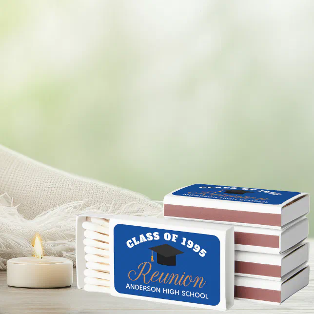 Custom Blue High School Reunion Party Matchboxes | Zazzle