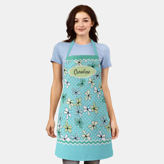 Custom Blue Mint Green Floral White Polkadots Apron | Zazzle