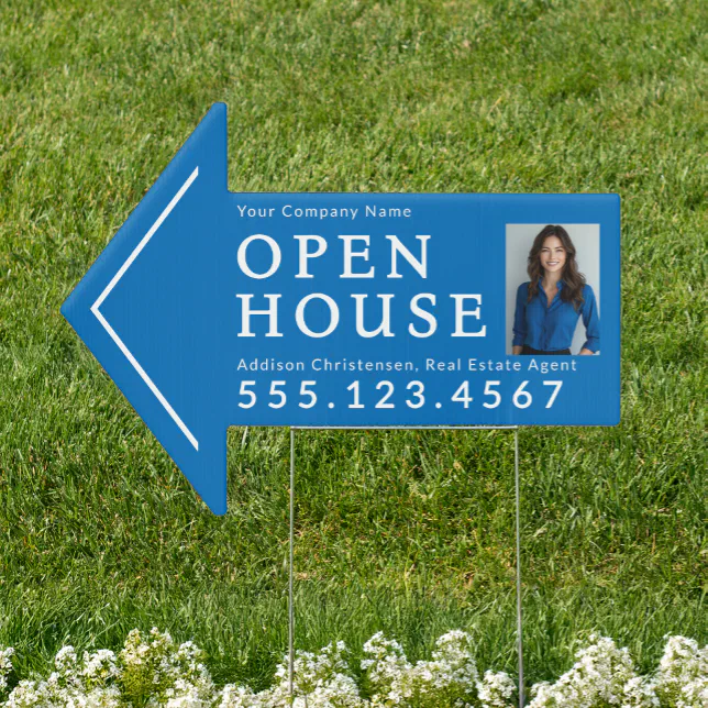 Custom Blue Real Estate Open House Arrow Yard Sign | Zazzle