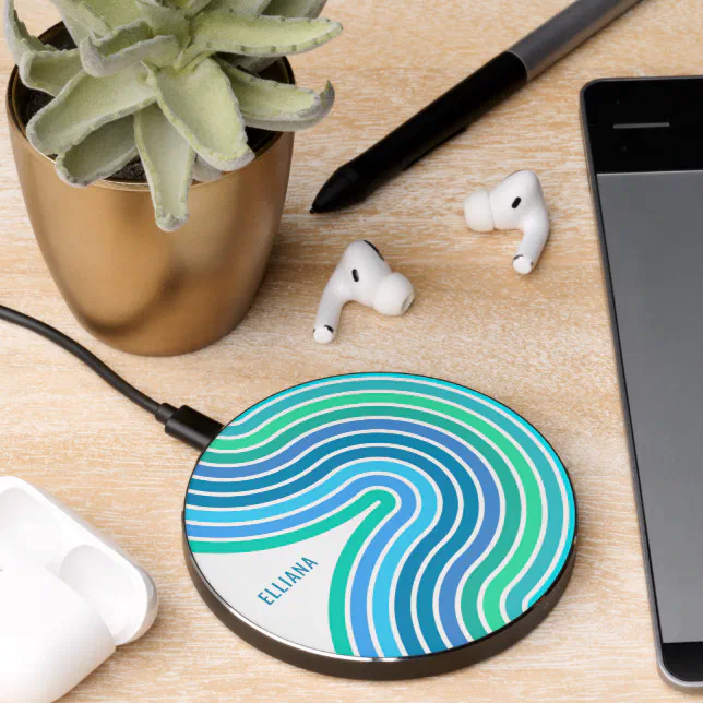 Custom Blue Turquoise Green Violet White Stripes Wireless Charger | Zazzle