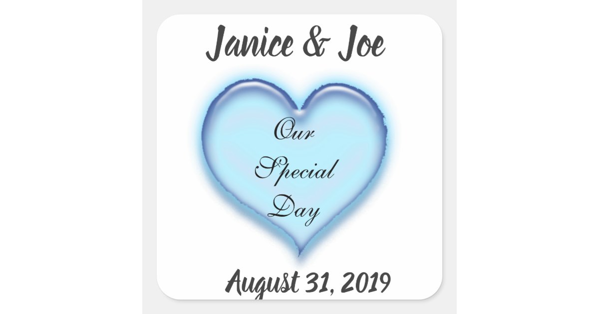 Custom Blue Wedding Heart Design Square Sticker | Zazzle