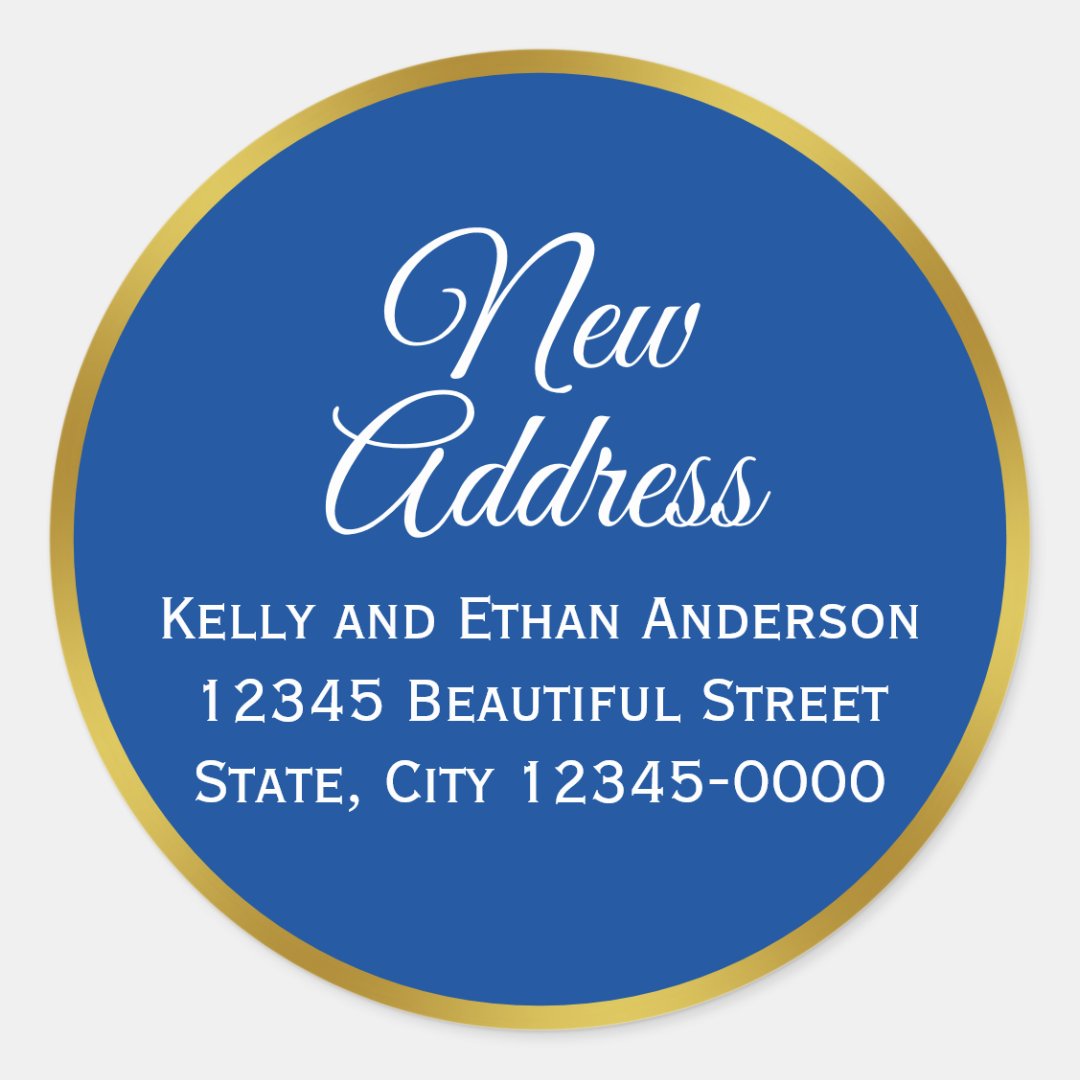 Custom Blue, White and Faux Gold New Address Classic Round Sticker | Zazzle